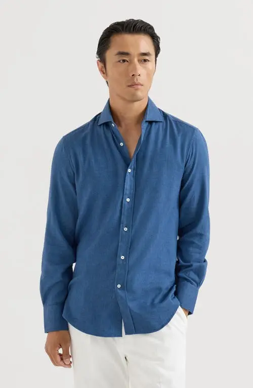 Brunello Cucinelli Stretch Cotton Chevron Flannel Shirt With Spread Collar - Blue