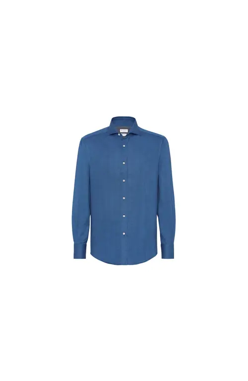 Brunello Cucinelli Stretch Cotton Chevron Flannel Shirt With Spread Collar - Blue