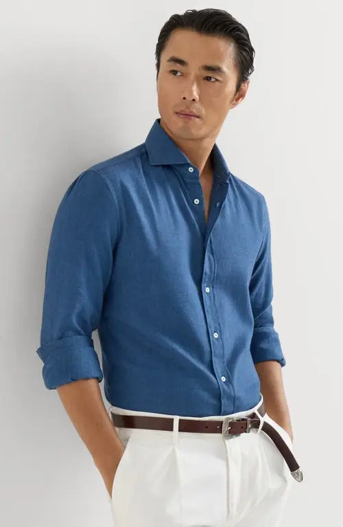 Brunello Cucinelli Stretch Cotton Chevron Flannel Shirt With Spread Collar - Blue