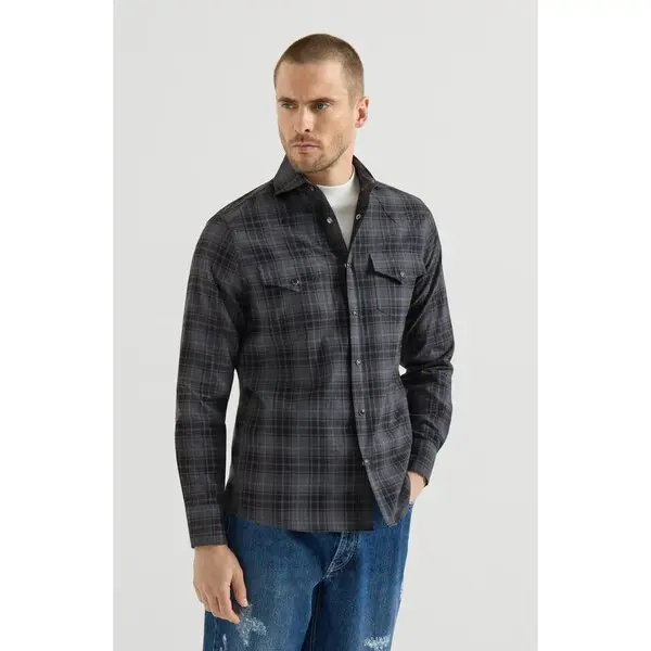 Brunello Cucinelli Cotton Madras Western Shirt - Dark Grey