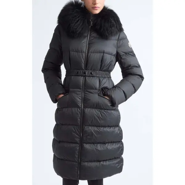 Moncler Boedic Water Repellent Long Down Puffer Coat With Genuine Shearling Trim
