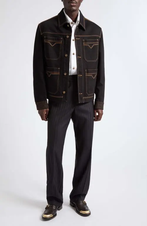 Versace Greca Stripe Wool Straight Leg Pants - Black