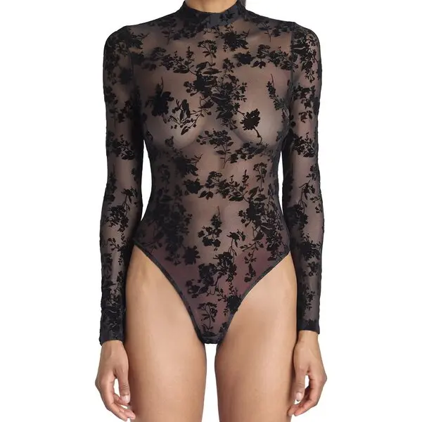 STEMS Colette Flocked Floral Sheer Bodysuit - Black