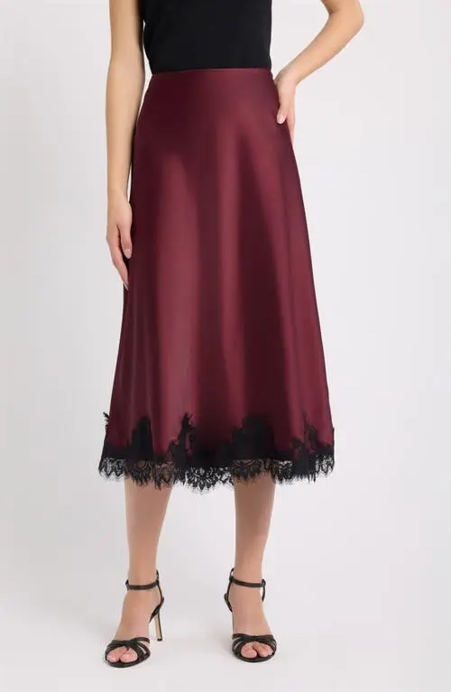 Anne Klein Lace Trim Satin Bias Midi Skirt - Barolo/black