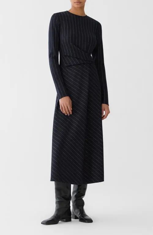 Lafayette 148 New York Gathered Waist Wool & Cotton Midi Dress - Navy Multi