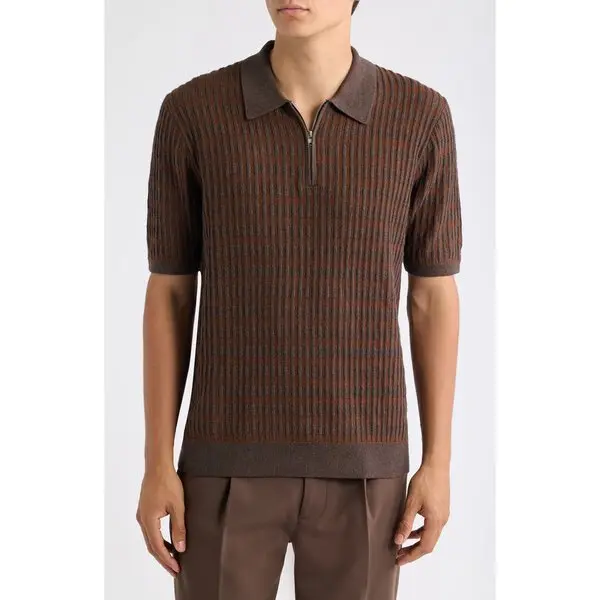 WAX LONDON Bury Ribbed Cashmere Blend Zip Polo - Brown