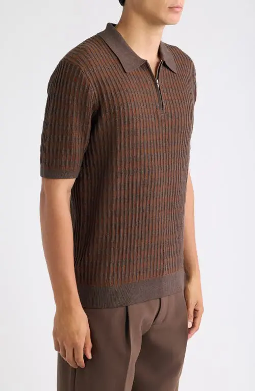 WAX LONDON Bury Ribbed Cashmere Blend Zip Polo - Brown