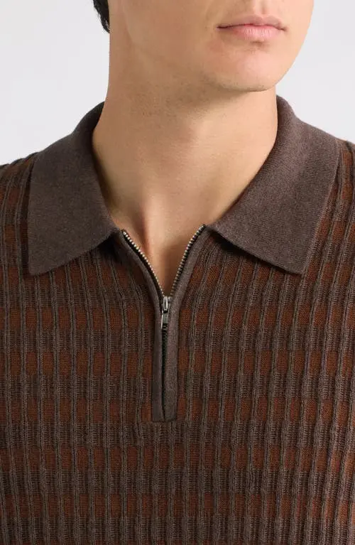 WAX LONDON Bury Ribbed Cashmere Blend Zip Polo - Brown