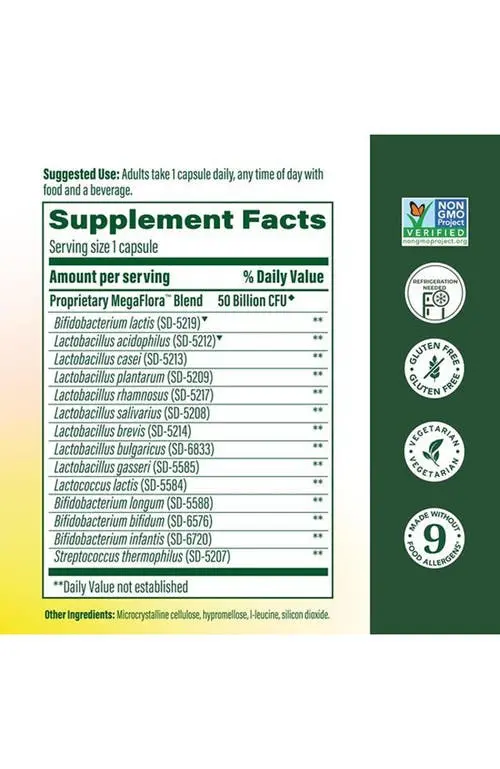 MEGAFOOD Megaflora Daily Probiotic Plus, 50 Billion Cfu, Vegetarian