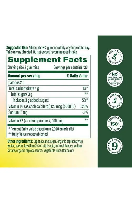 MEGAFOOD Vitamin D3 & K2 Gummies 5000 Iu Pectin Based, Vegetarian