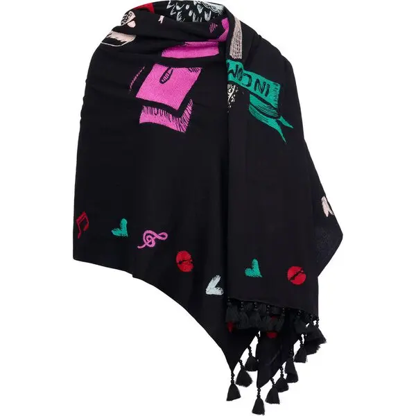 MAISON COMMON Embroidered Scarf With Tassels - Black