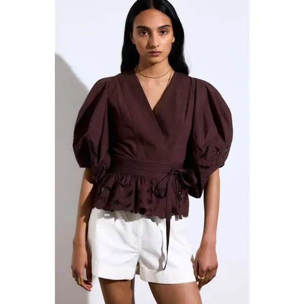 Vanessa Bruno Gunner Embroidered V-neck Wrap Blouse - Chocolat