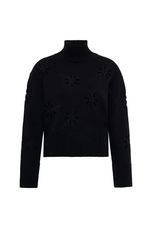 MAISON COMMON Turtle Neck Pullover With Eylet Embroidery - Black