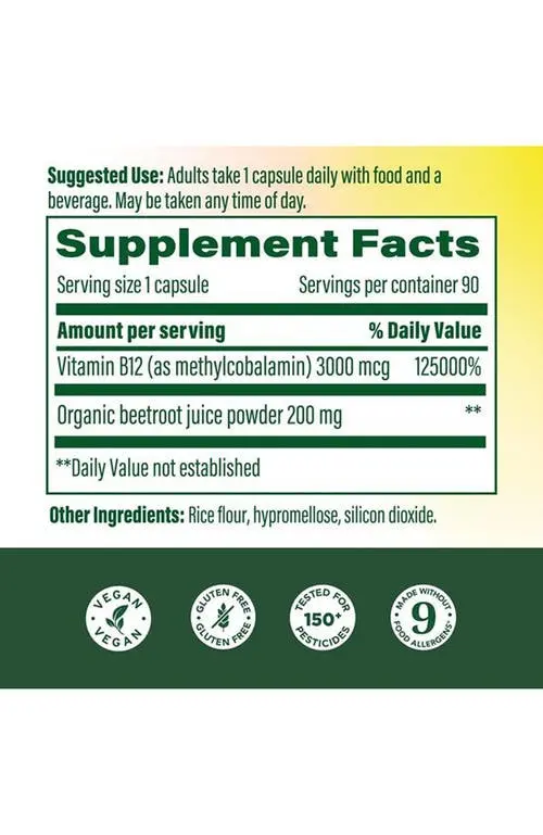 MEGAFOOD Extra Strength Methyl B12 Vitamins, Bioavailable Vitamin B12 3000mcg Per Serving, Vegan