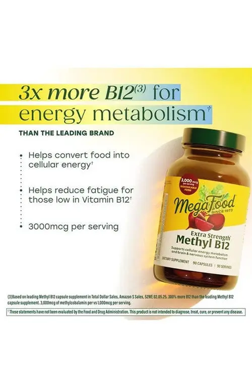 MEGAFOOD Extra Strength Methyl B12 Vitamins, Bioavailable Vitamin B12 3000mcg Per Serving, Vegan