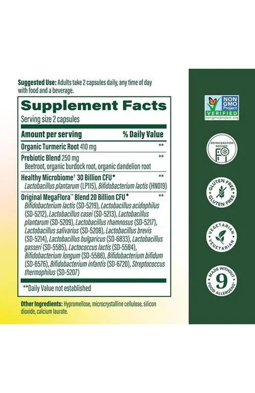 MEGAFOOD Megaflora Probiotic + Prebiotic With Turmeric, 50 Billion Cfu, Vegetarian