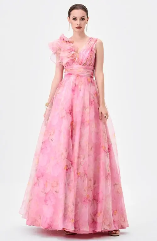 BARIANO Cressida Ruffle Shoulder Gown - Floral Multi