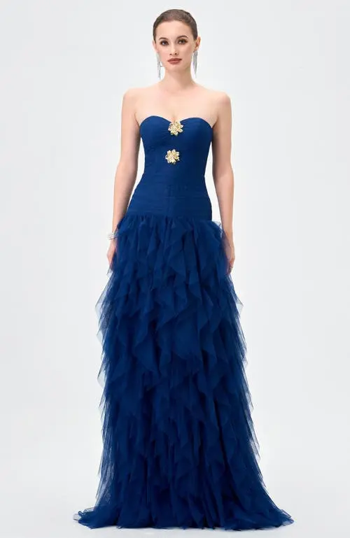 BARIANO Ziana Strapless Ruffle Ball Gown - Navy