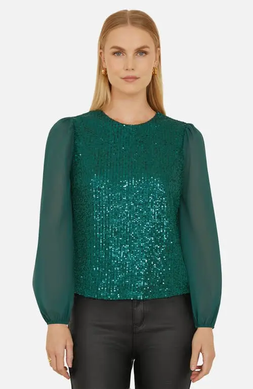 YUMI Sequined Sheer Sleeve Top - Green