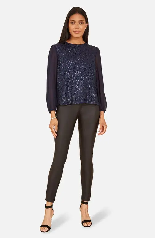 YUMI Sheer Sleeve Sequin Top - Navy