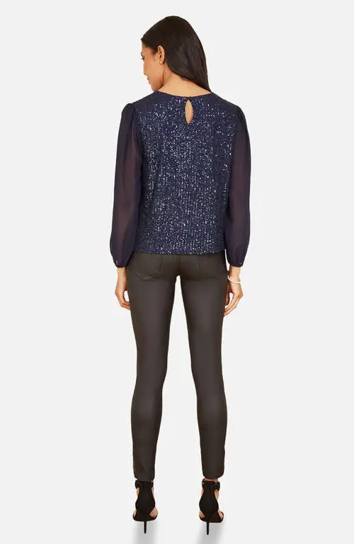YUMI Sheer Sleeve Sequin Top - Navy