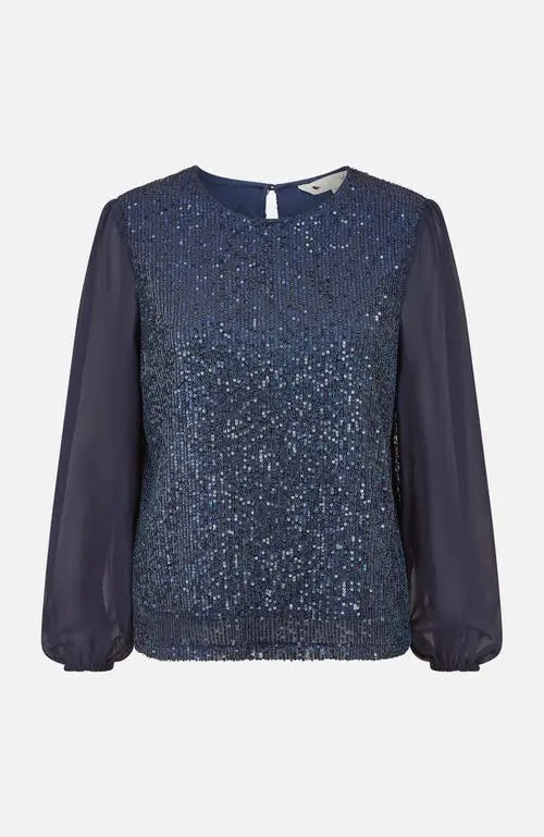 YUMI Sequined Sheer Sleeve Top - Navy