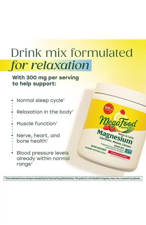 MEGAFOOD Relax & Calm Magnesium Drink Mix With Magnesium Glycinate, Citrate & Malate, Raspberry Lemonade