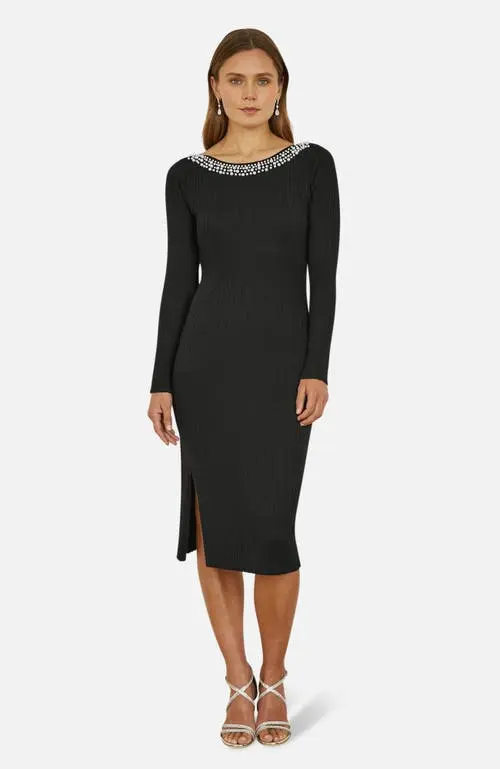 YUMI Bedazzled Neck Fitted Midi Knitted Dress - Black