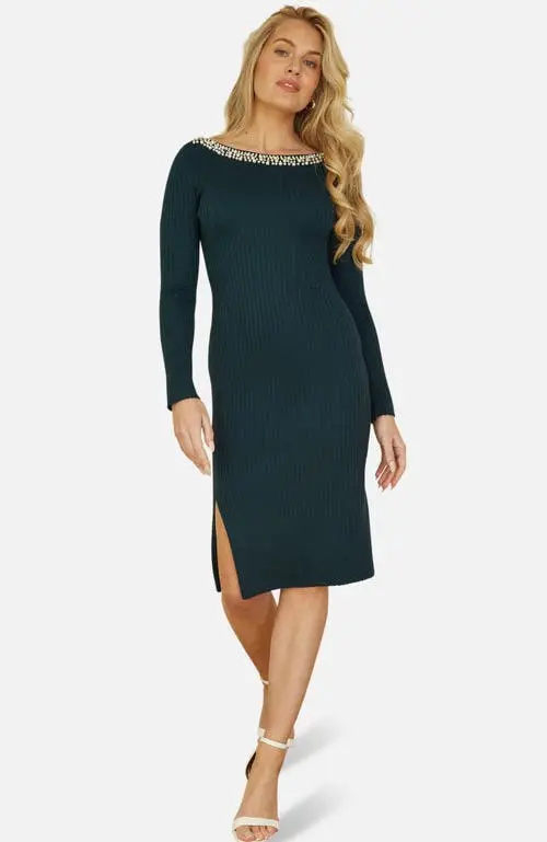 YUMI Bedazzled Neck Fitted Midi Knitted Dress - Green