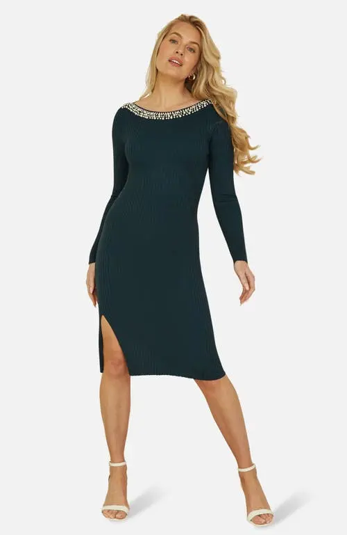 YUMI Bedazzled Neck Fitted Midi Knitted Dress - Green