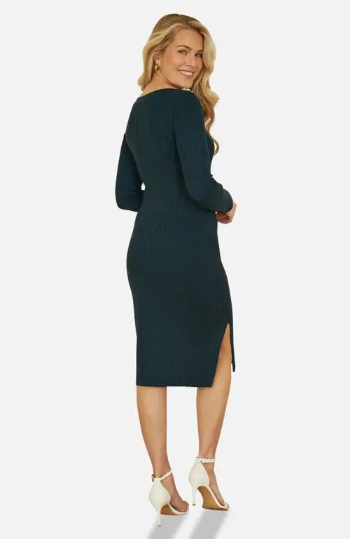 YUMI Bedazzled Neck Fitted Midi Knitted Dress - Green