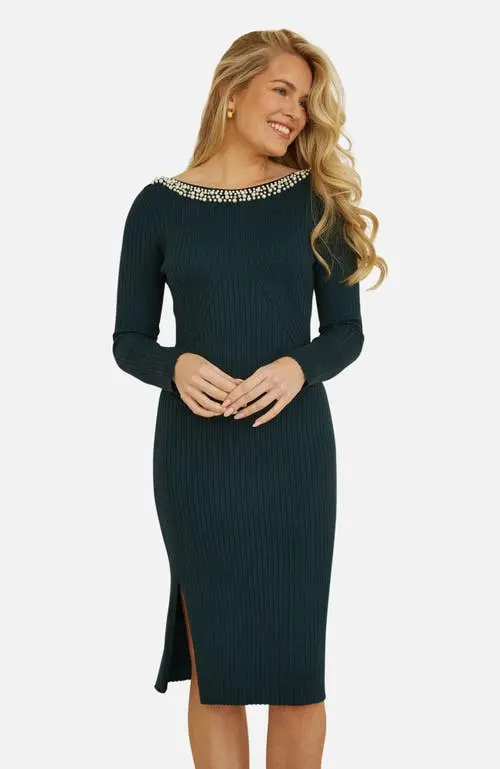 YUMI Bedazzled Neck Fitted Midi Knitted Dress - Green