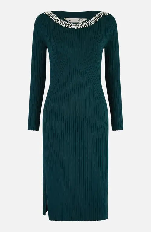 YUMI Embellished Neck Fitted Midi Dress - Green