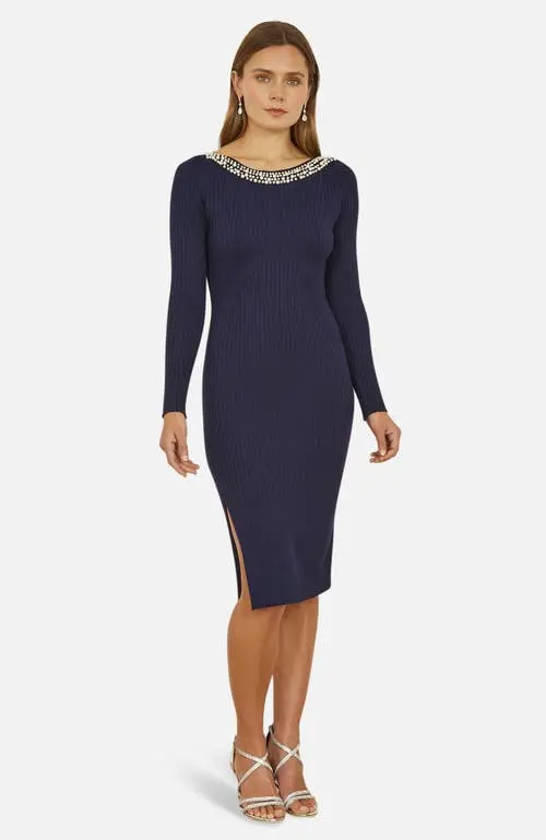 YUMI Embellished Neck Fitted Midi Dress - Navy