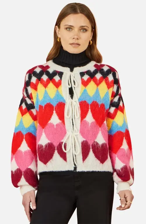YUMI Tie Front Heart Intarsia Cardigan