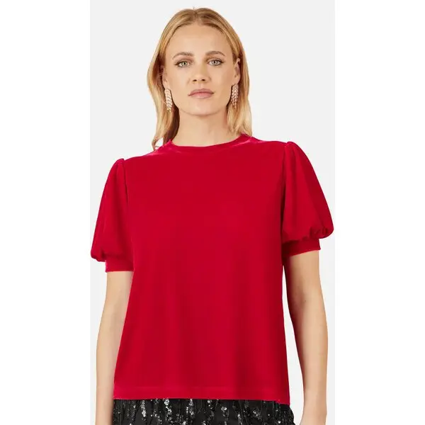 YUMI Velvet Puff Sleeve Top - Red