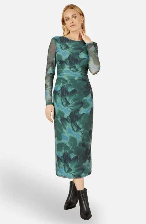 YUMI Floral Mesh With Tie Back Bodycon Dress - Green