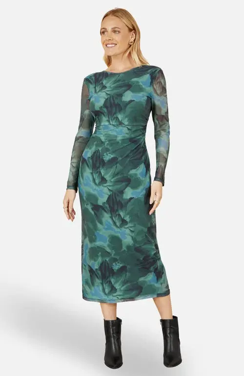 YUMI Floral Mesh With Tie Back Bodycon Dress