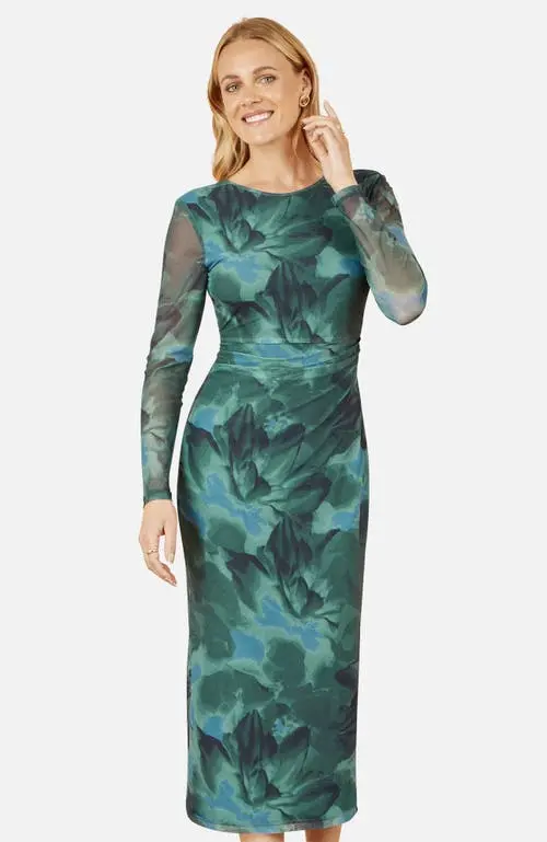YUMI Floral Mesh With Tie Back Bodycon Dress