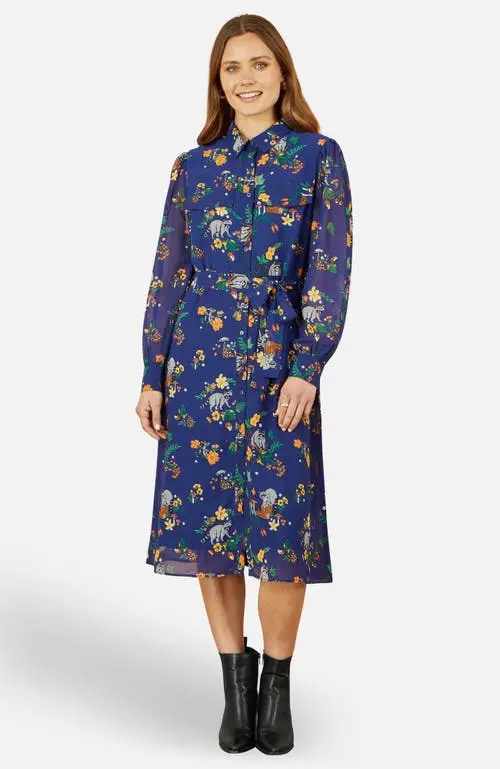 YUMI Raccoon Print Shirt Midi Dress - Navy