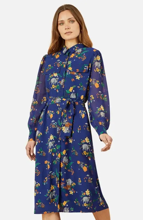 YUMI Raccoon Print Shirt Midi Dress