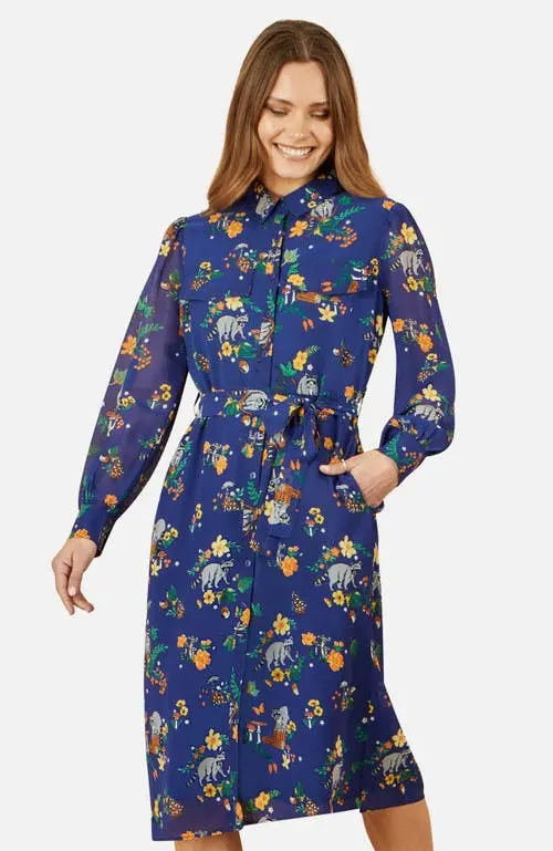 YUMI Raccoon Print Shirt Midi Dress