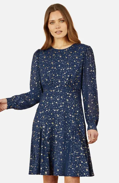 YUMI Star Print Foil Long Sleeve Dress