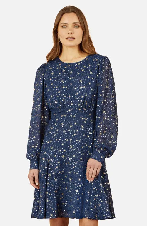 YUMI Star Print Foil Long Sleeve Dress