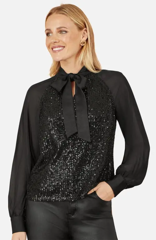 YUMI Sequin Pussy Bow Top - Black