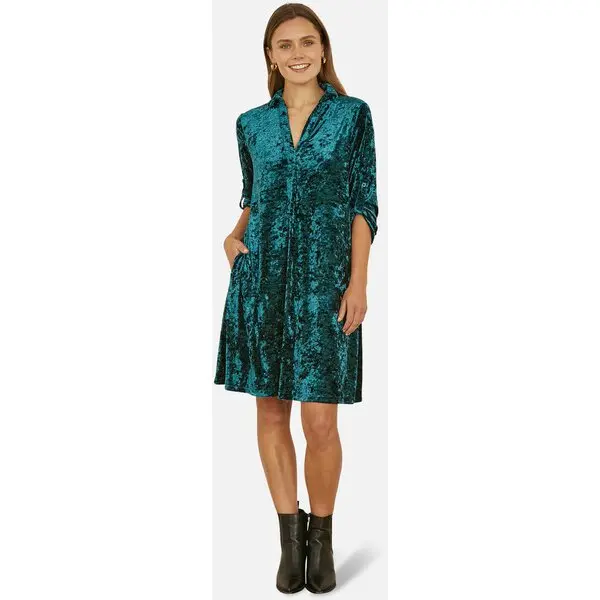 YUMI Velvet 3/4 Sleeve Collared Tunic Dress - Green