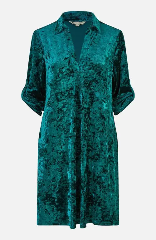 YUMI Velvet 3/4 Sleeve Collared Tunic Dress - Green