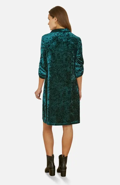 YUMI Velvet 3/4 Sleeve Collared Tunic Dress - Green