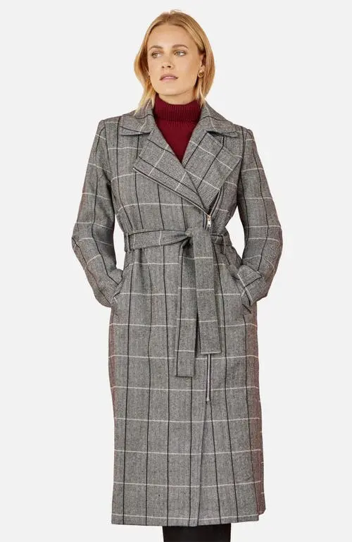 YUMI Check Oversize Long Biker Coat - Grey
