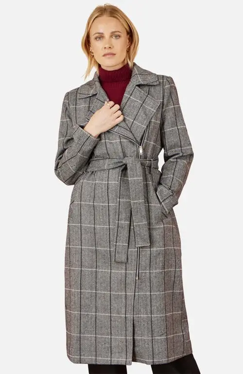 YUMI Check Oversize Long Biker Coat